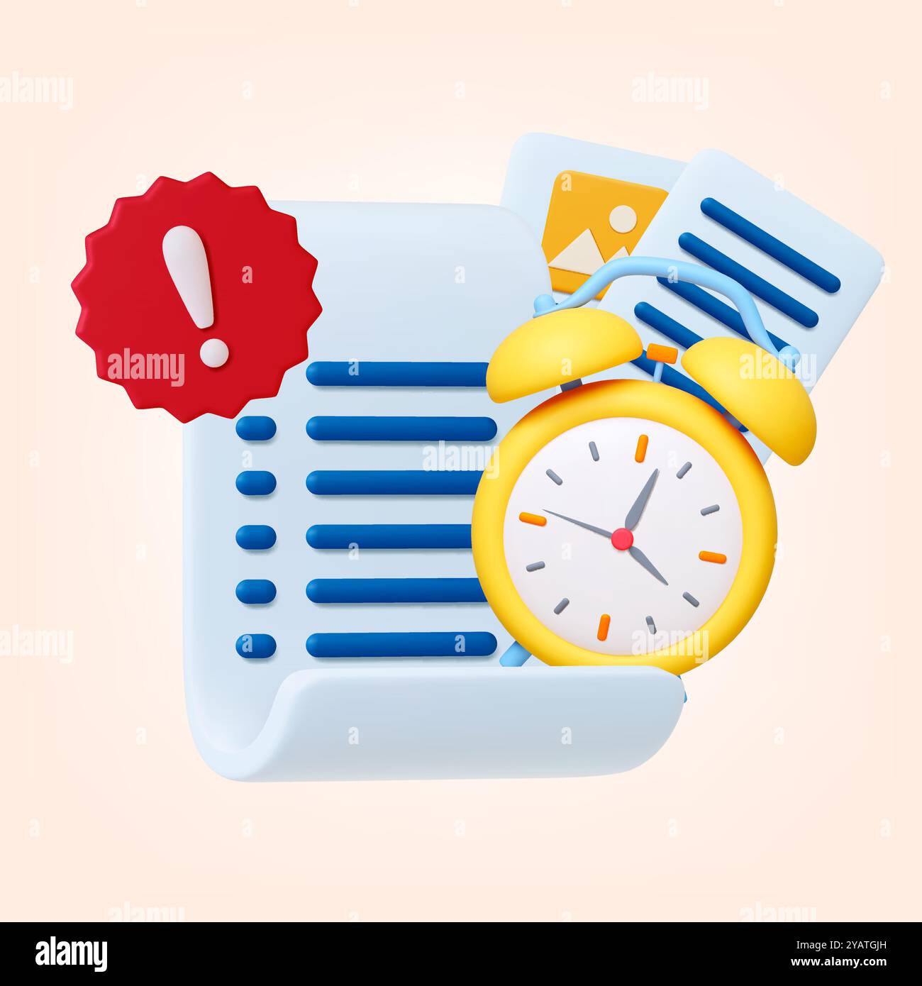 3d Deadline concept. 3d alarm clock, documents and exclamation mark in ...