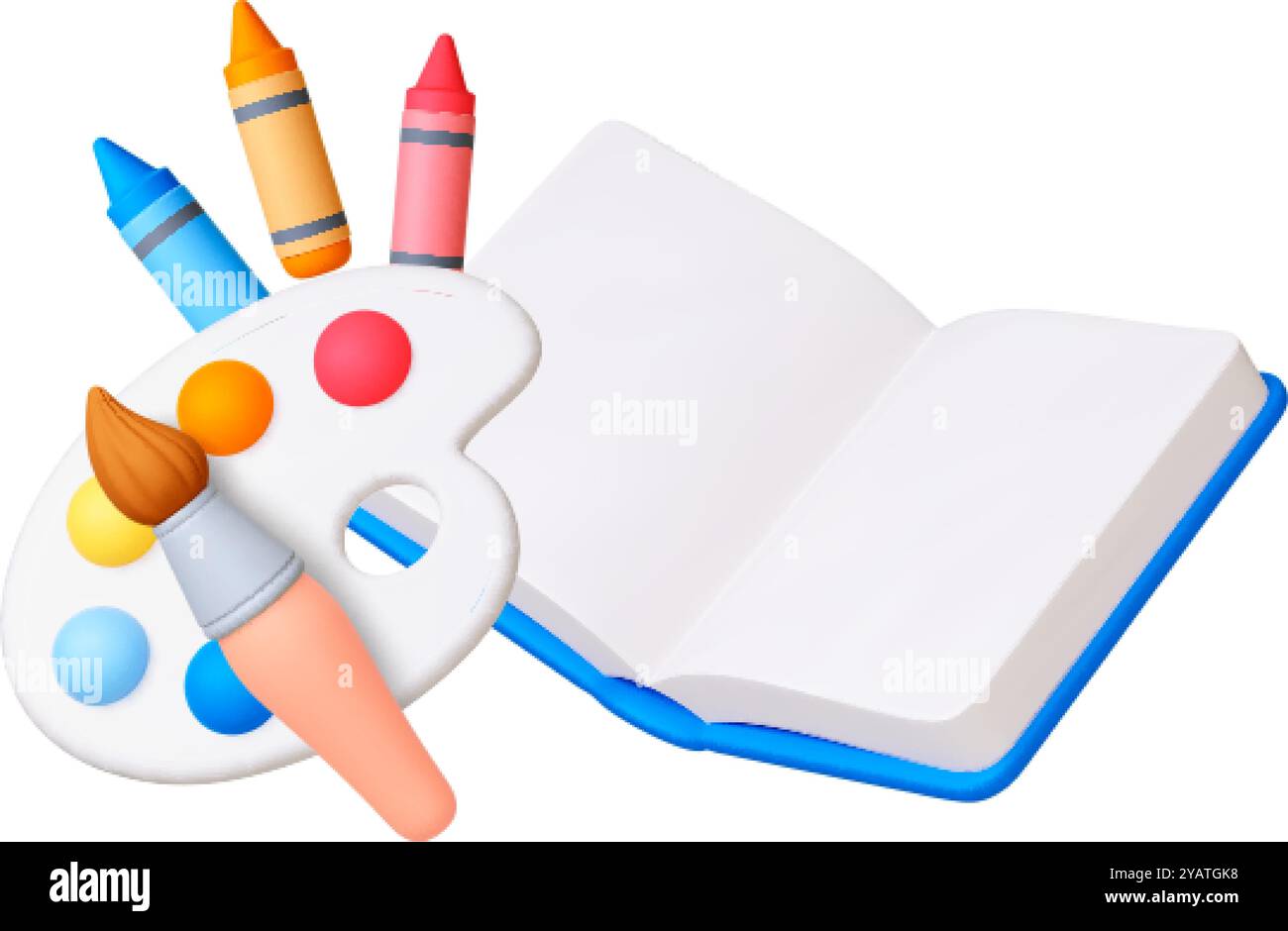 3d Drawing tools 3d icons. White plastic paint palette, brush crayons ...