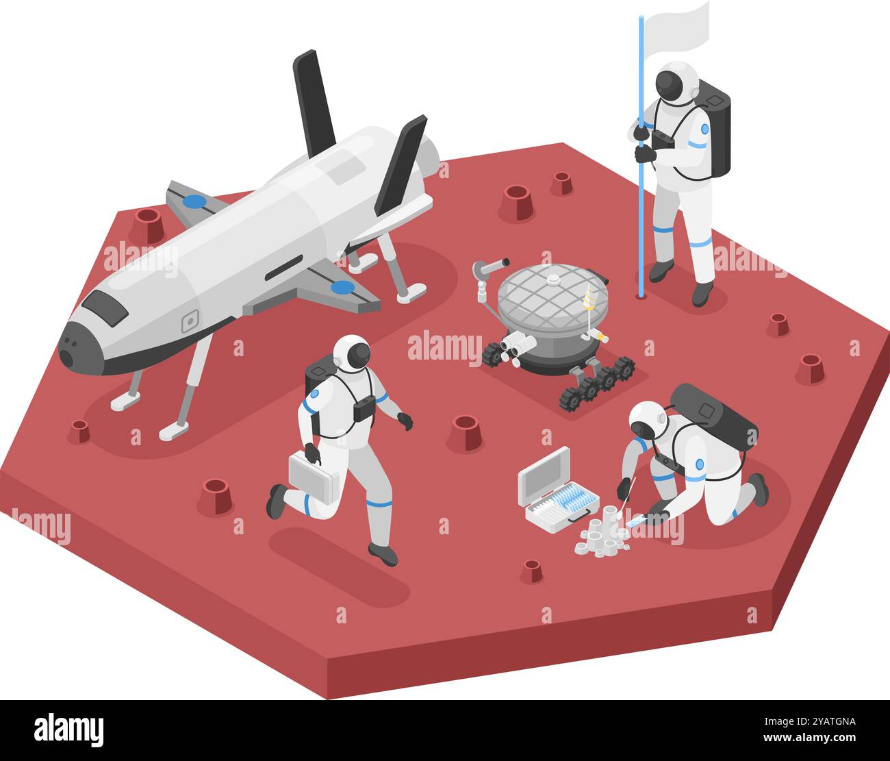 Isometric space station. Astronauts working and researching on red ...