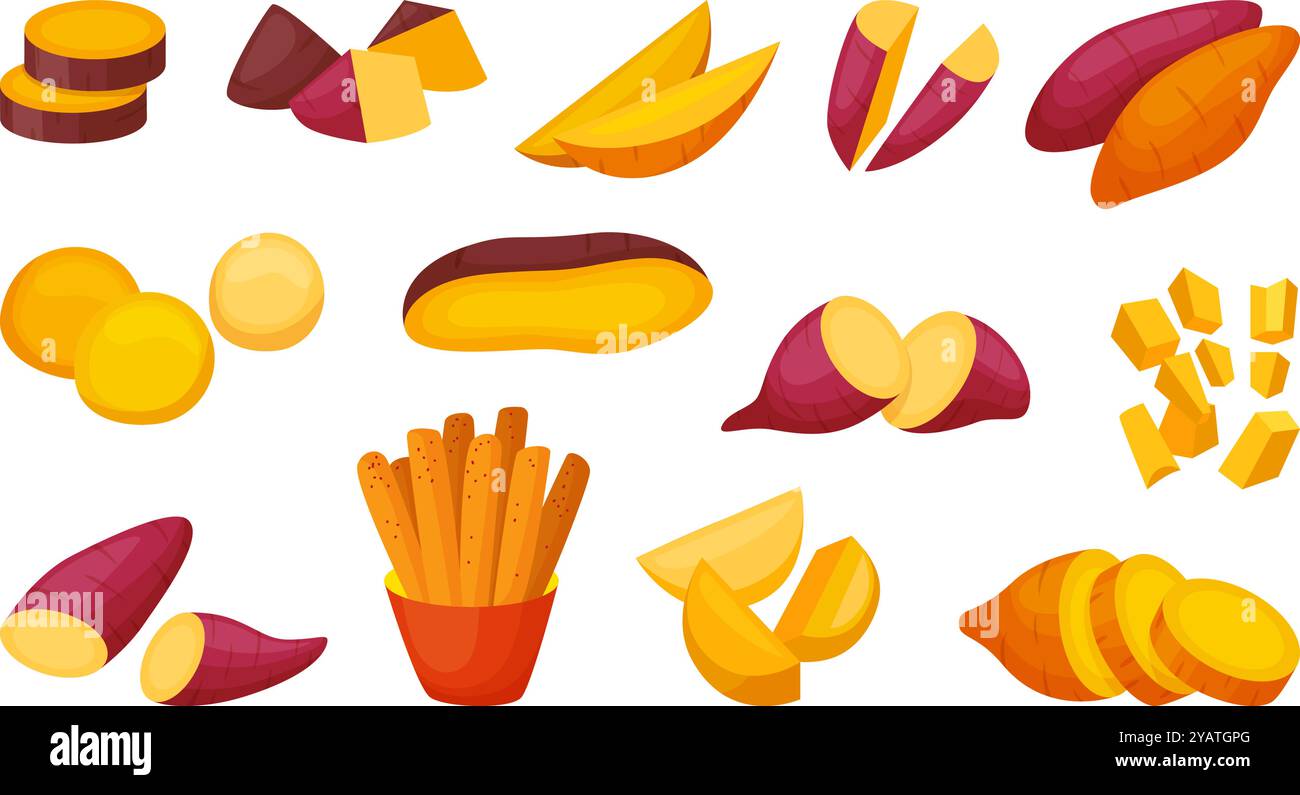 Sweet potato cartoon. Raw batata cut and slices, fried potatoes sticks ...