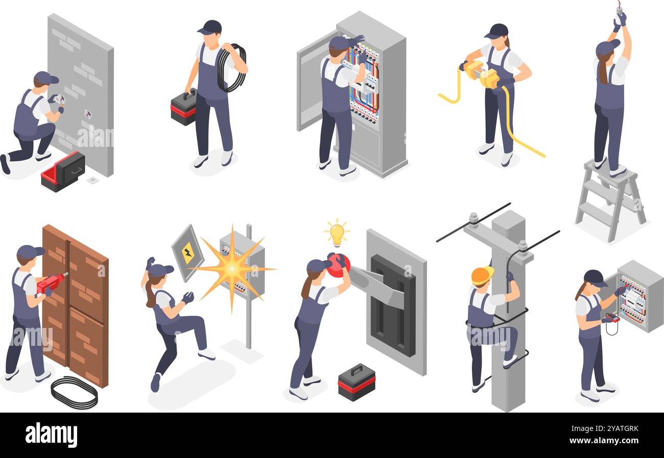 Isometric electricians. Male female electrical workers in uniform ...