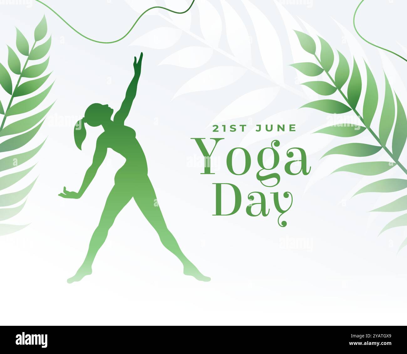 21st june yoga day event background with green leaves vector Stock ...