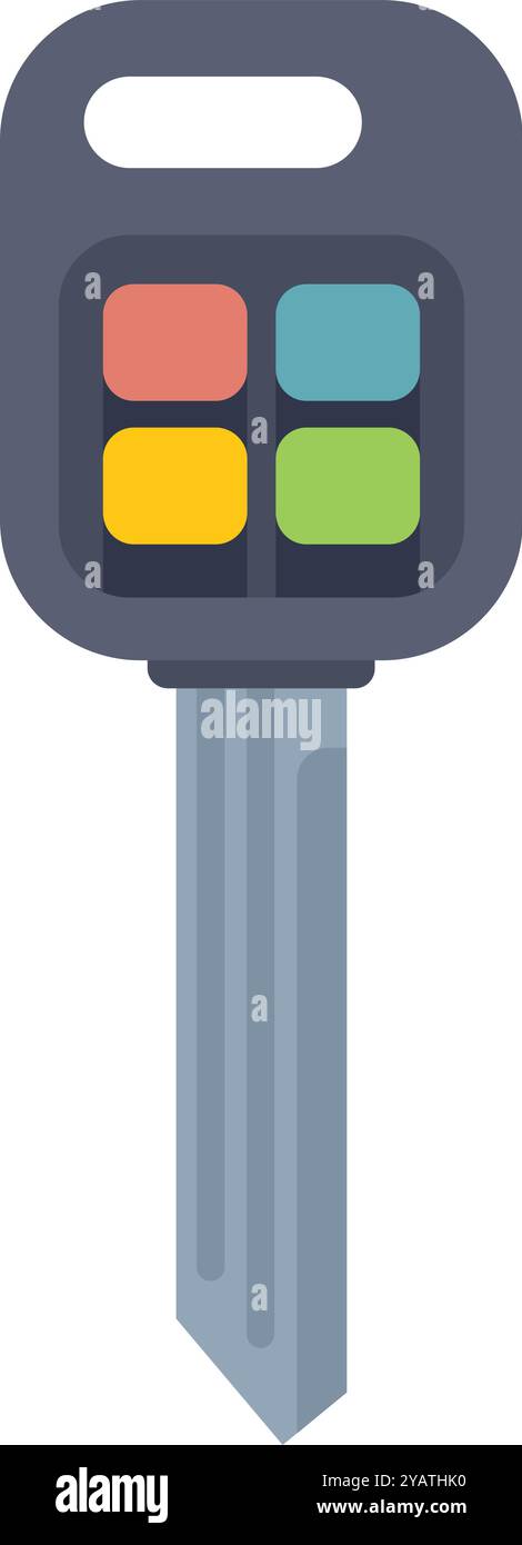 Modern car key with remote control buttons is shown against a white ...
