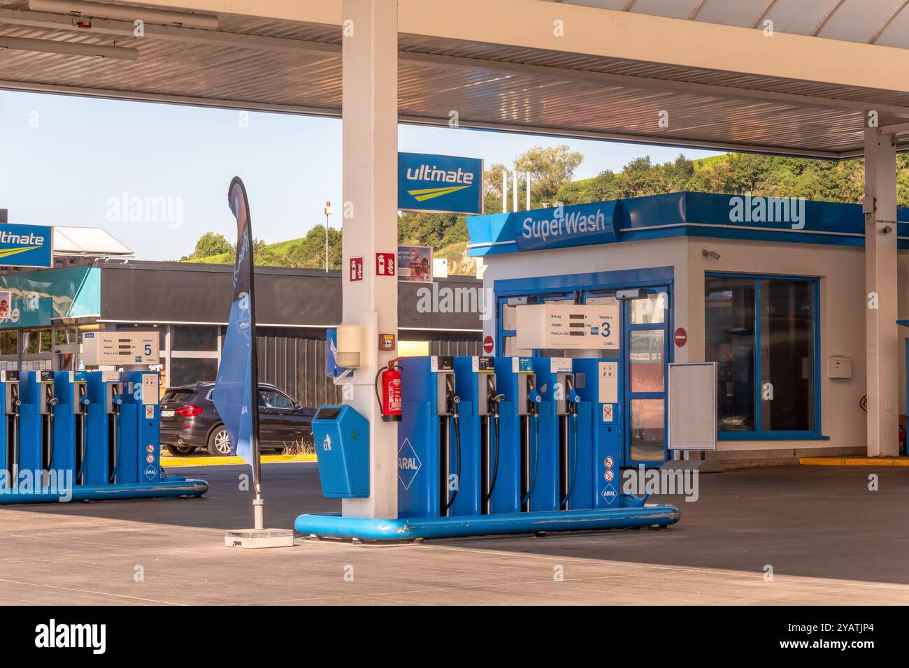 Wasserbillig, Luxembourg - July 29, 2024: An ARAL gas station features ...