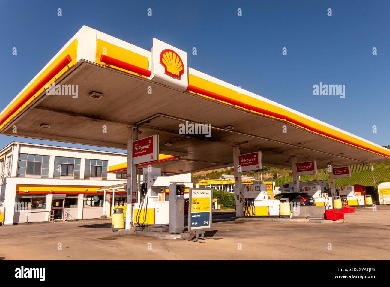 Wasserbillig, Luxembourg - July 29, 2024: A well-lit Shell gas station ...