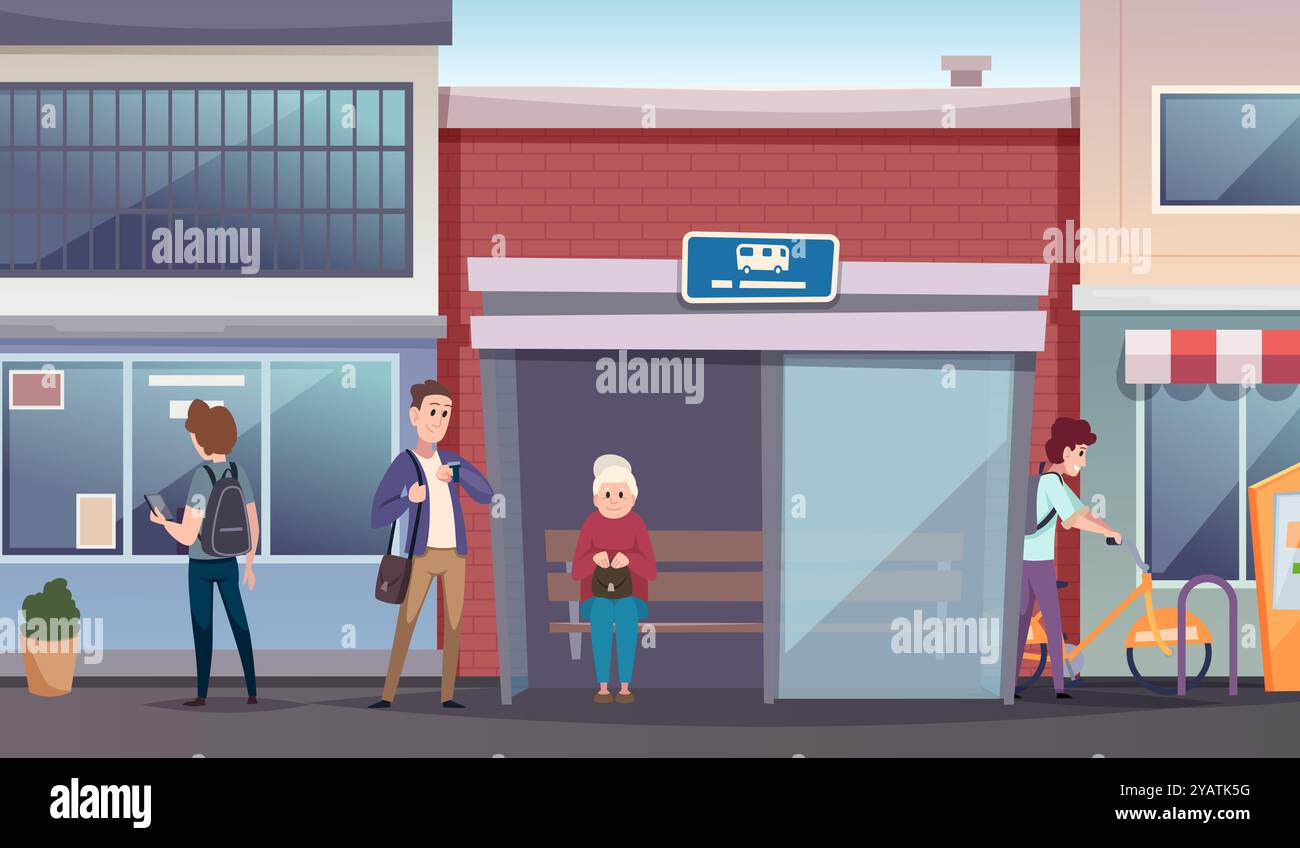 urban characters. people in city bus station. vector outdoor cartoon ...