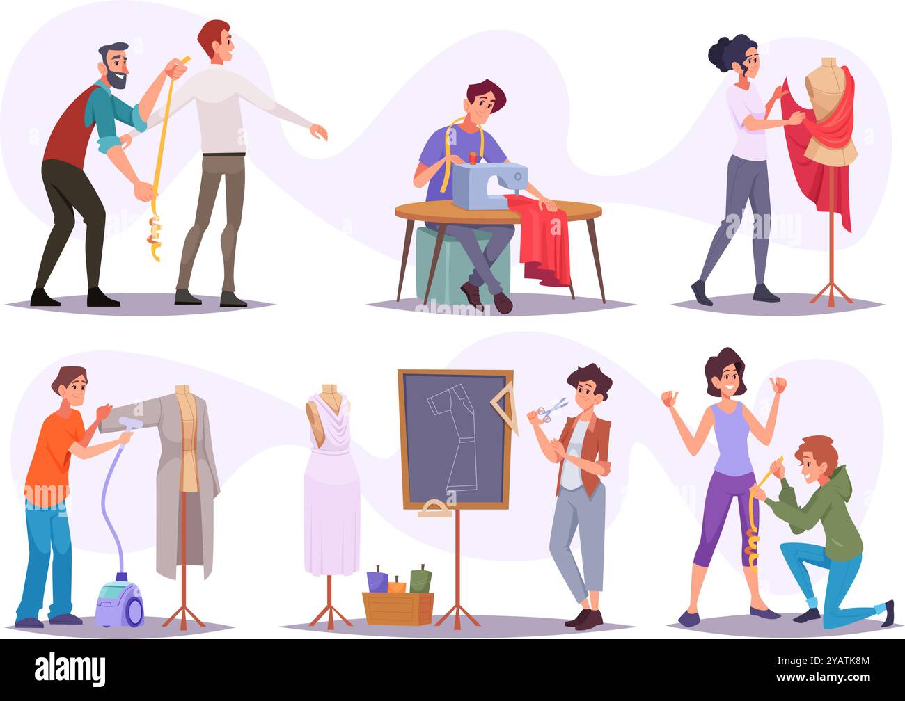 Tailors. Young female and male seamstress workers making fashioned ...