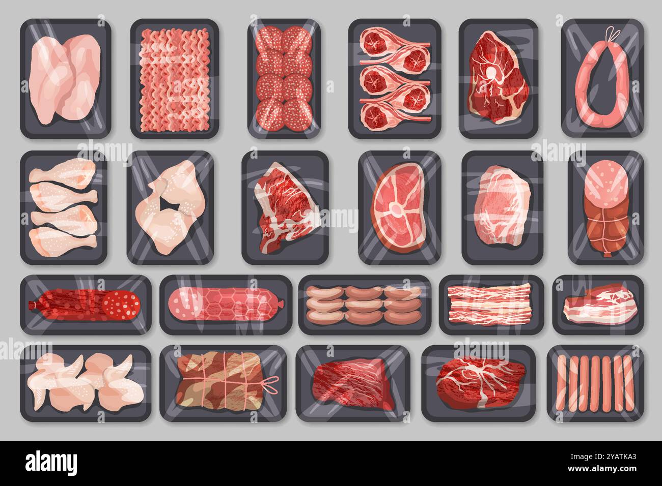 Meat packages. Butchery products production packages top view with ...