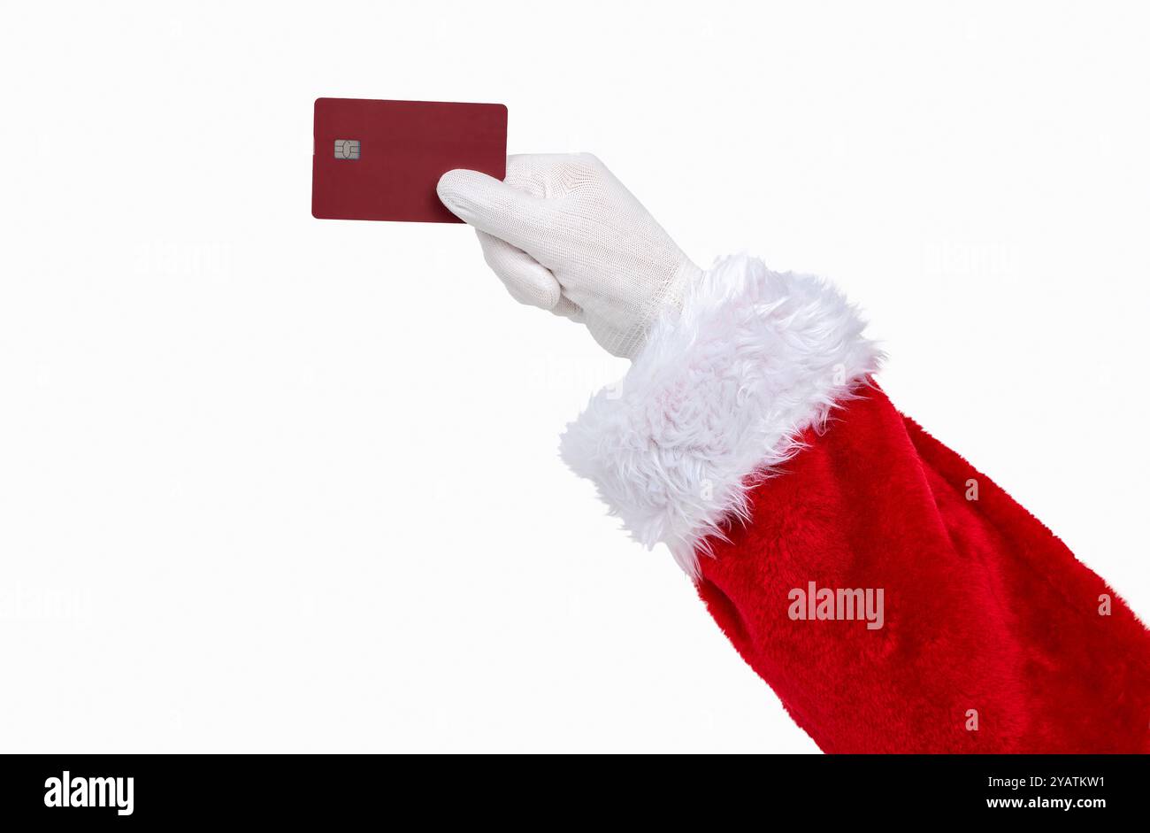 Shot of an Santa Claus hand showing red credit card with copy space and ...