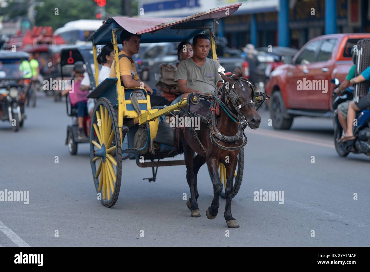 A horse and carriage with passengers in the rear. Locally known as a ...