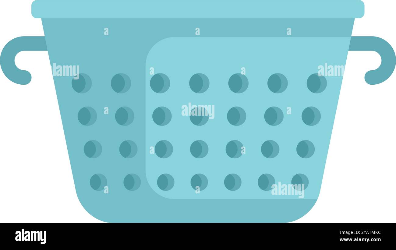 This vector illustration features a blue plastic colander with handles ...
