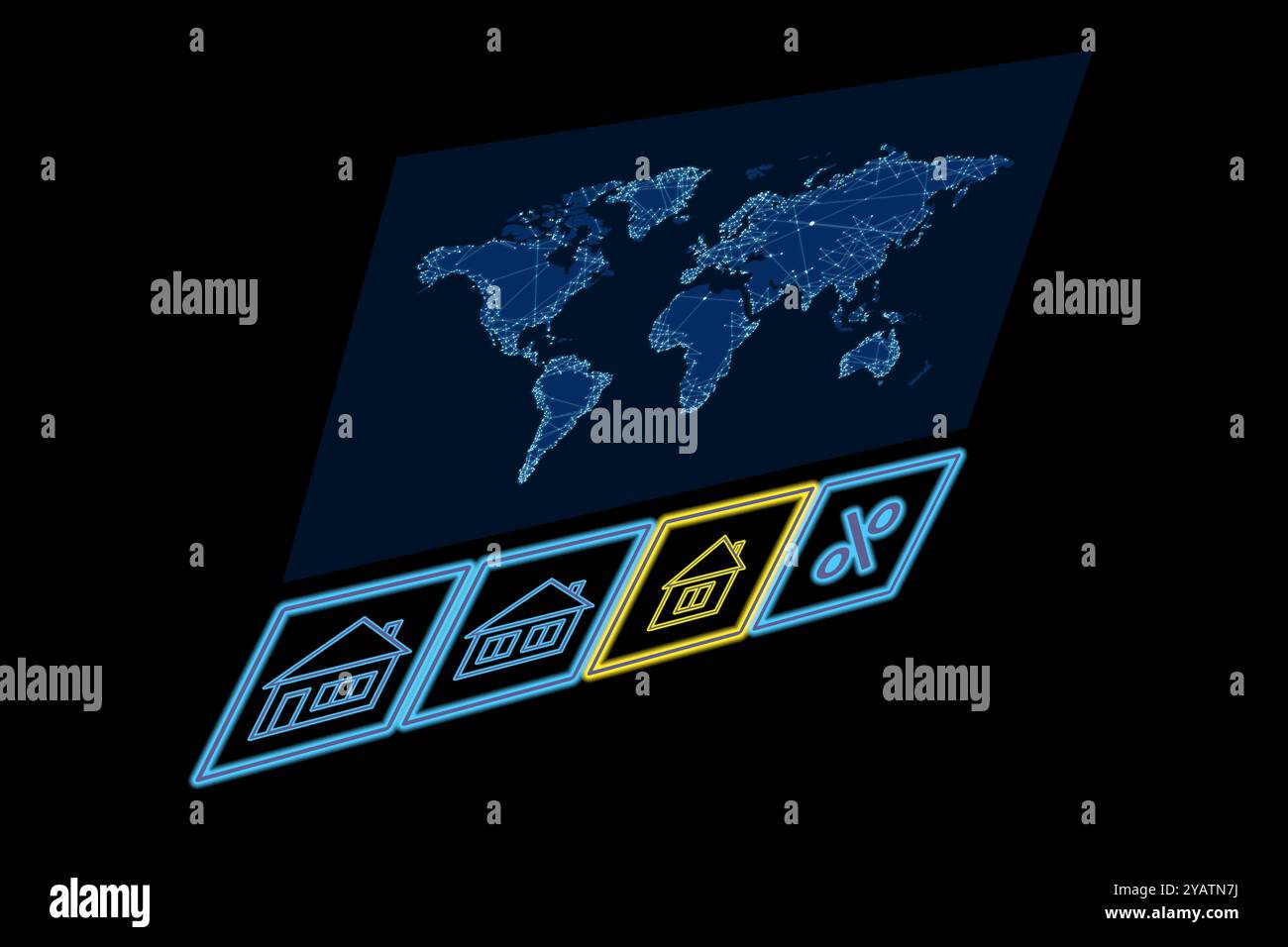 Real estate. Houses and world map on black background, illustration ...