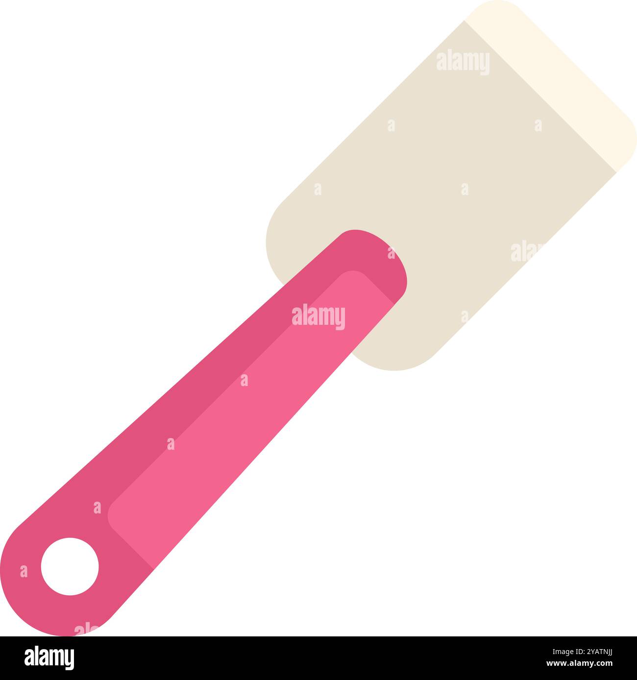 Pink silicone spatula with wooden handle spreading icing on cake ...