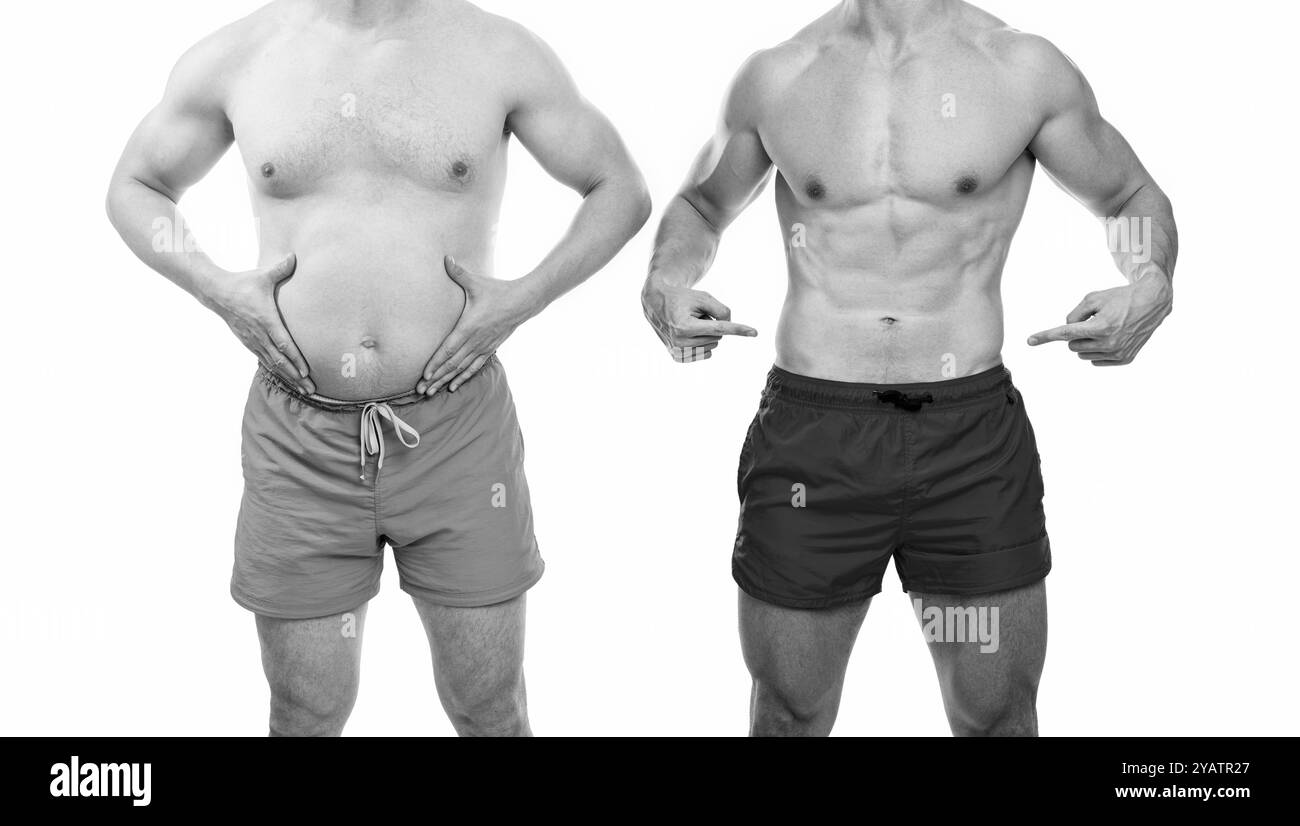cropped men with before and after body comparison, pointing. photo of ...