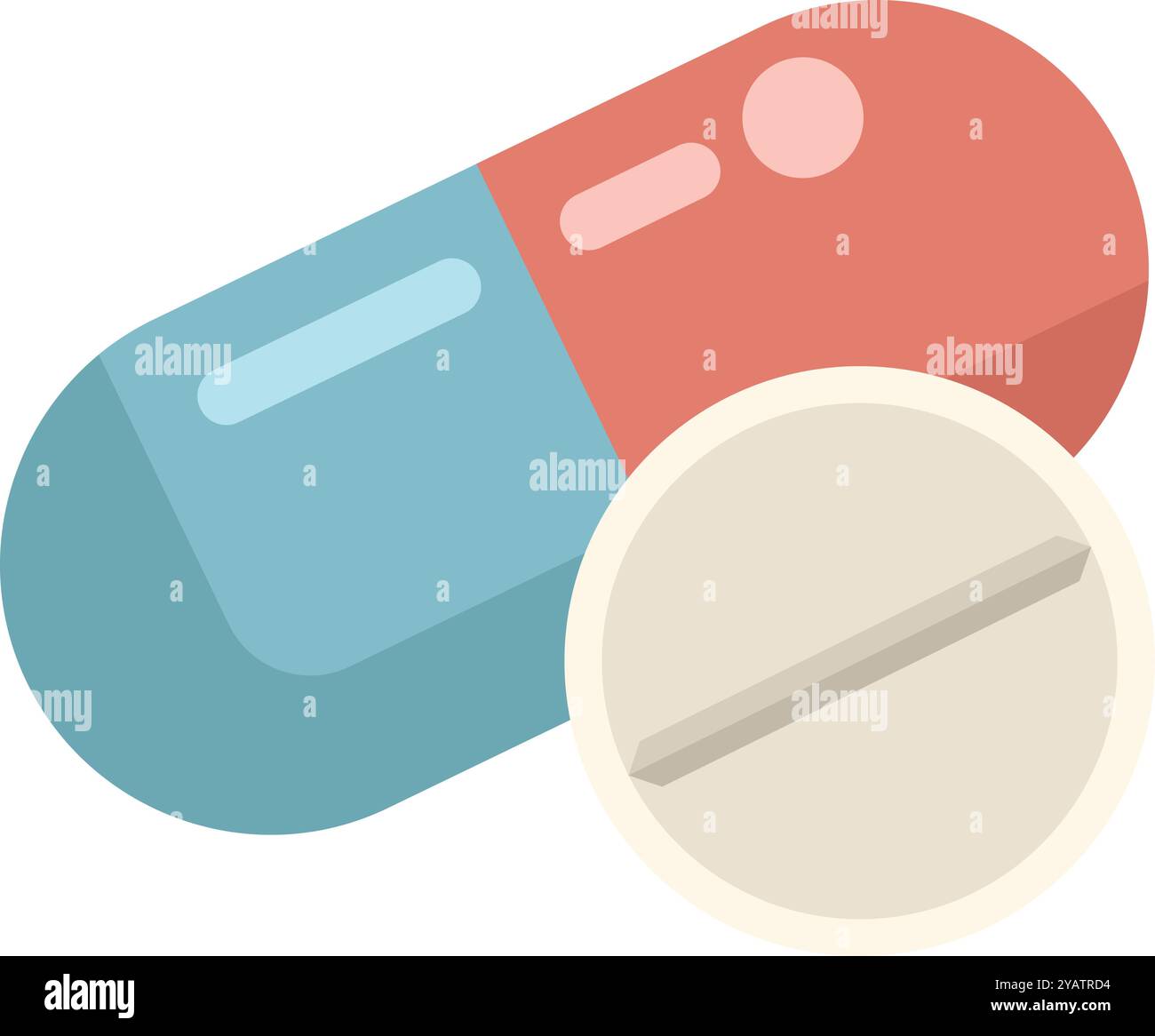 Blue and red capsule lying beside a white round pill is forming a ...
