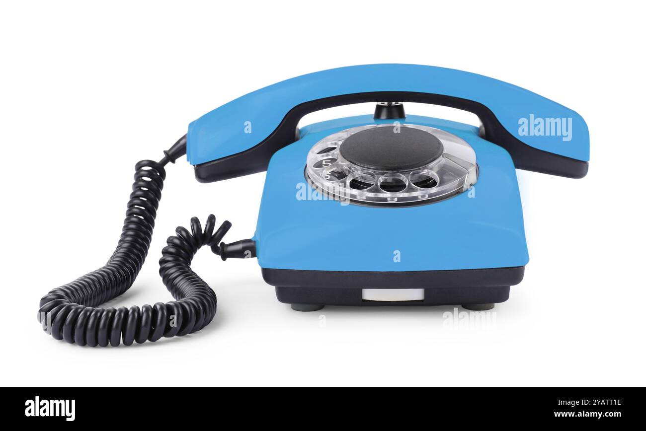 Old light blue telephone with rotary dial isolated on white Stock Photo ...
