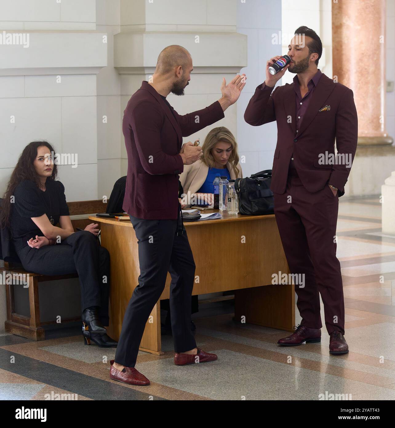 Bucharest, Romania. 15th Oct, 2024: Andrew Tate (L) joke with his ...