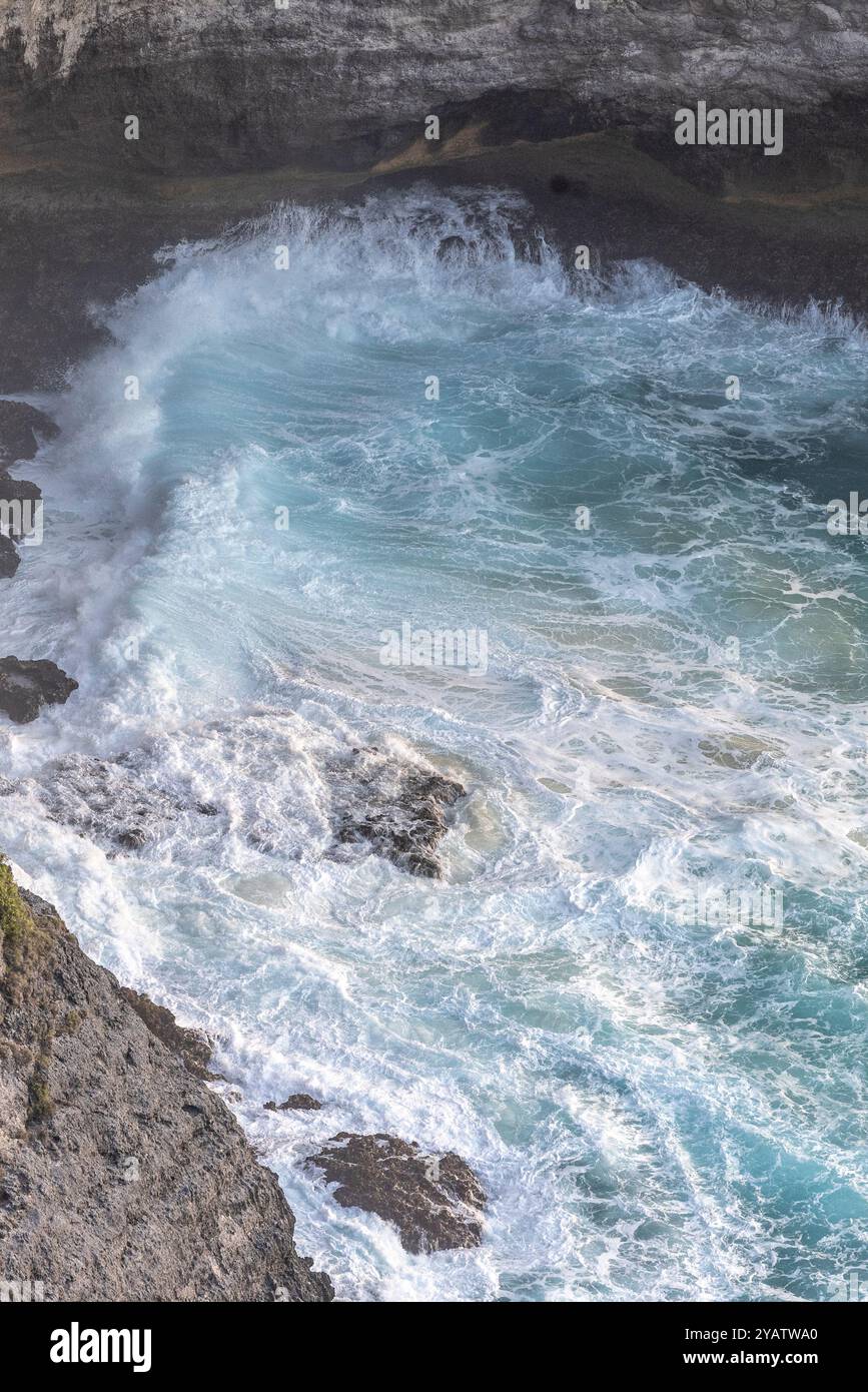 A view from above of Kelingking Beach on Nusa Penida, Indonesia ...
