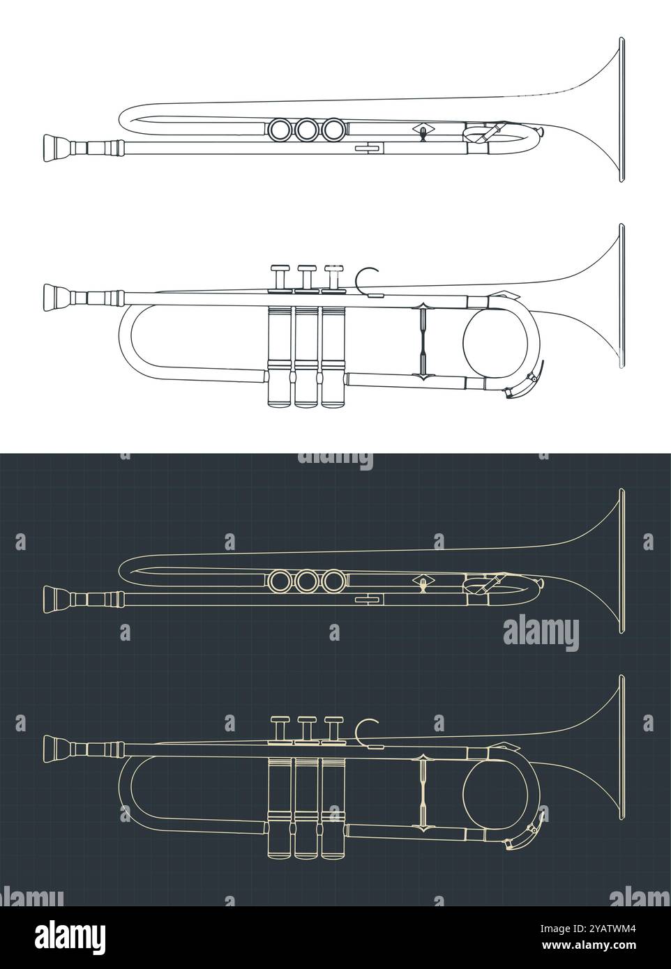Stylized vector illustrations of blueprints of a crookless trumpet ...