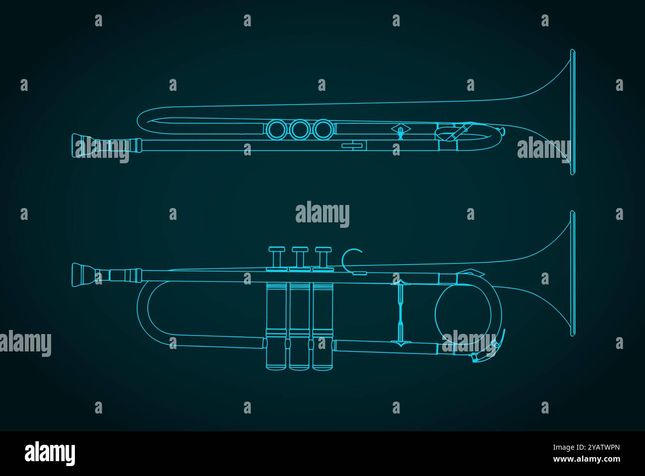 Stylized vector illustration of blueprints of a crookless trumpet Stock ...