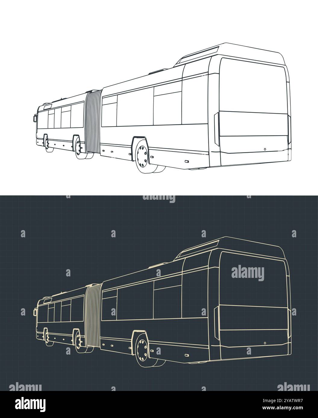 Stylized vector illustration of blueprints of articulated city bus ...