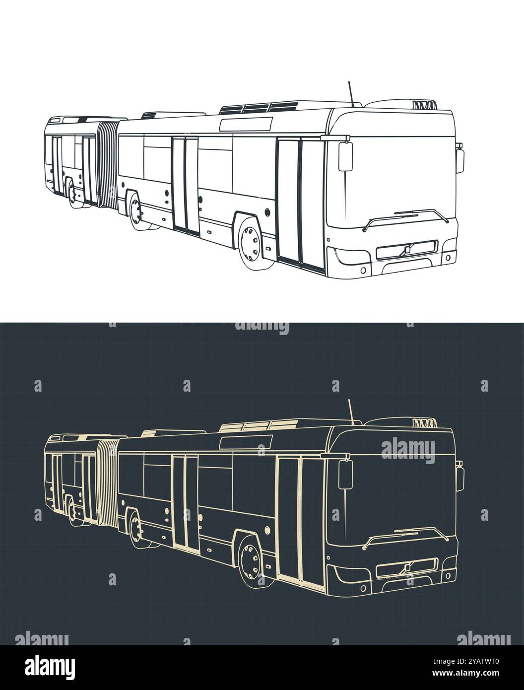 Stylized vector illustration of blueprints of articulated city bus ...
