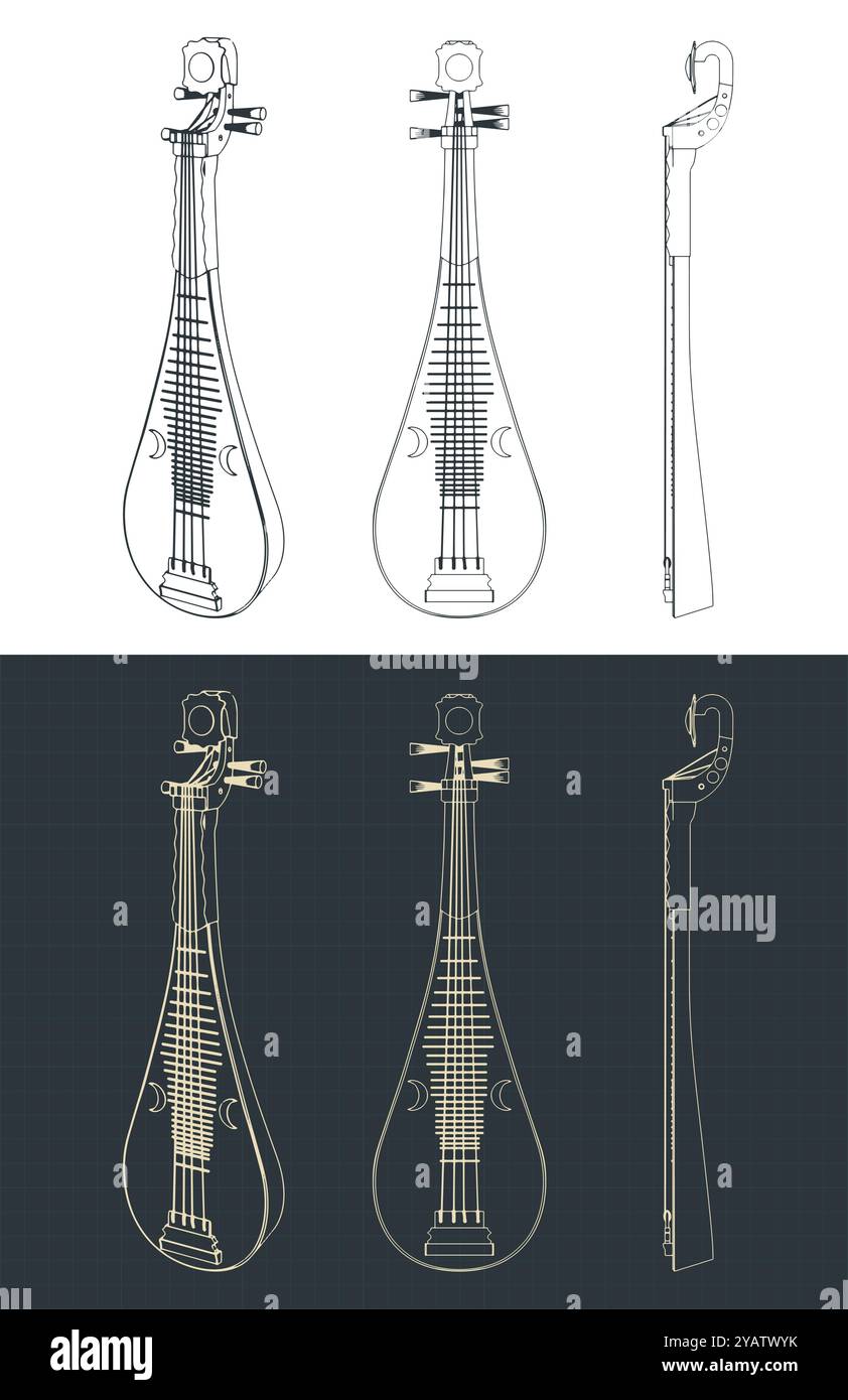 Stylized vector illustrations of a blueprints of pipa, chinese string instrument Stock Vector ...