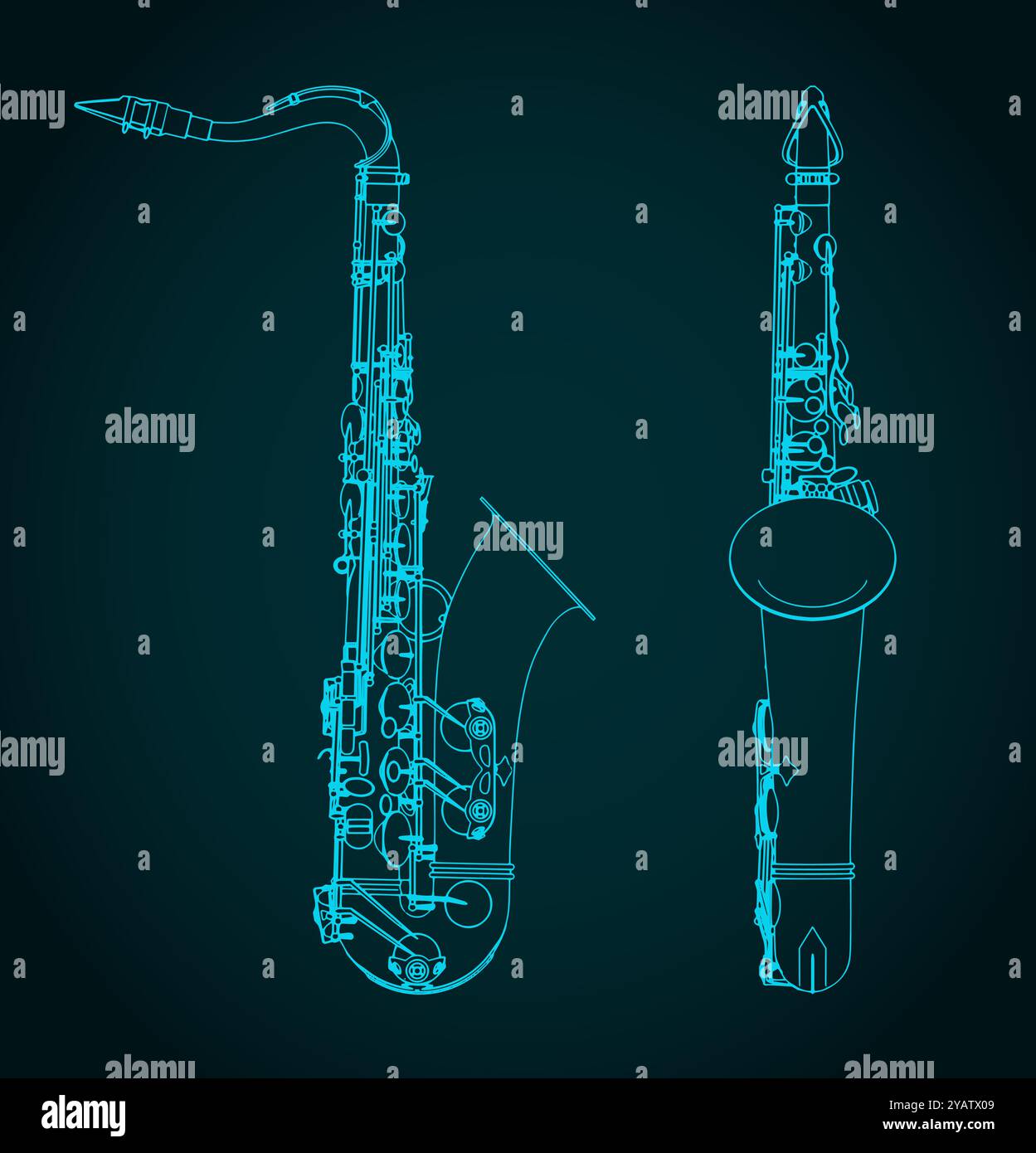 Stylized vector illustration of blueprints of a tenor saxophone Stock ...