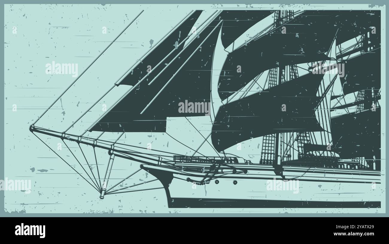Stylized vector illustrations of a sailing ship close up in retro poster style Stock Vector ...