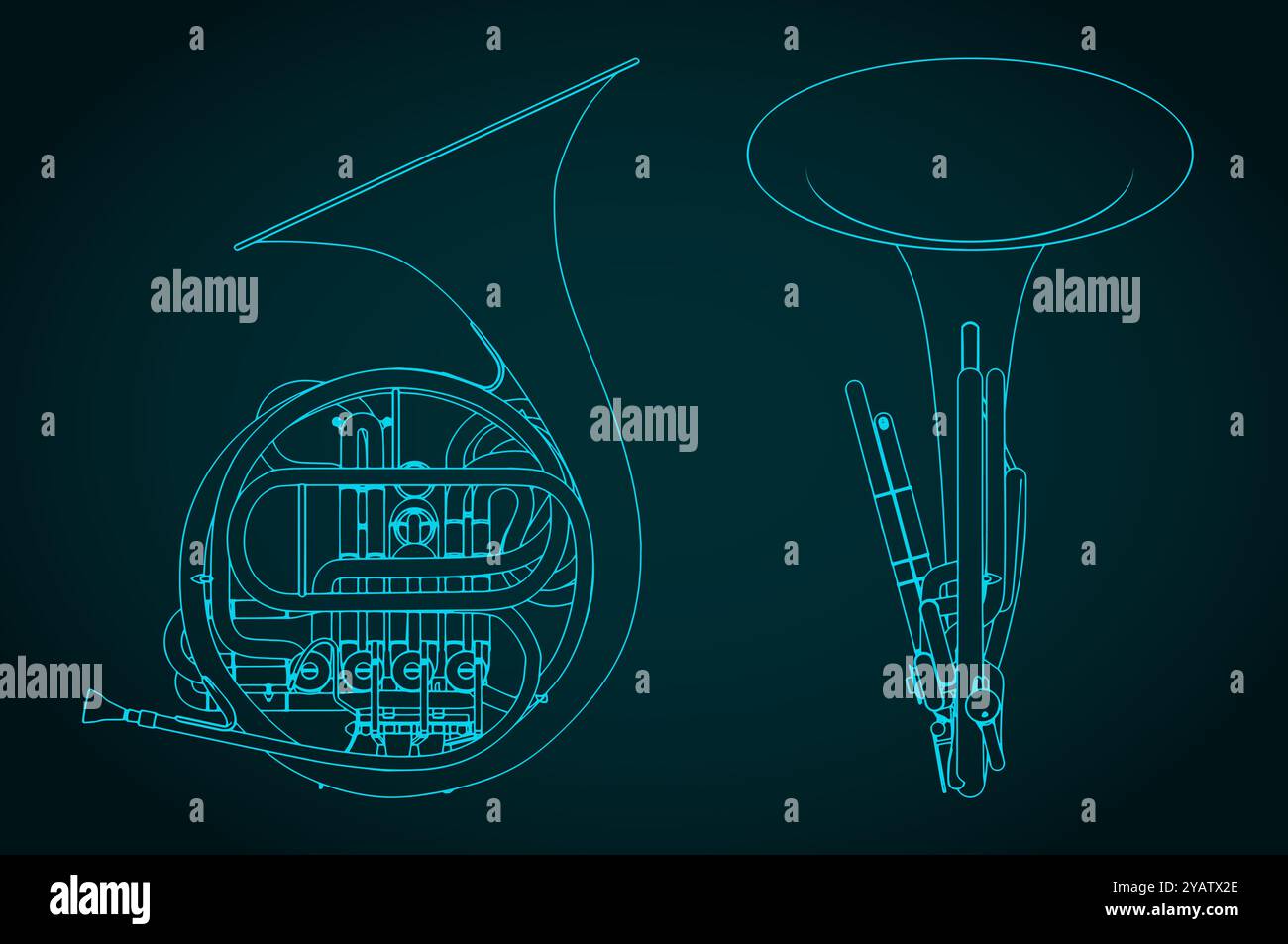 Stylized vector illustration of blueprints of a french horn Stock ...