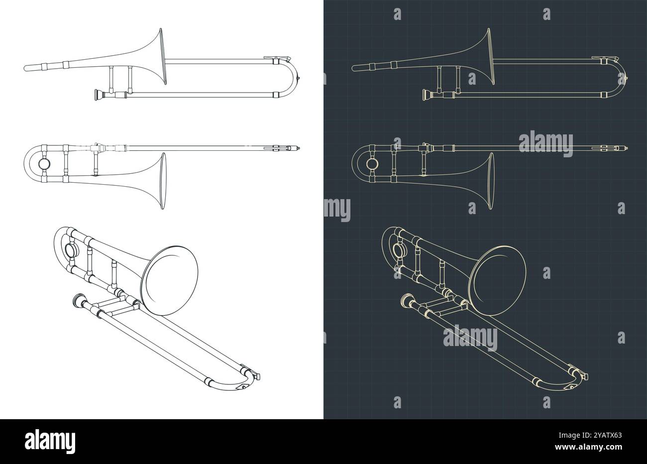 Stylized vector illustrations of blueprints of a trombone Stock Vector ...