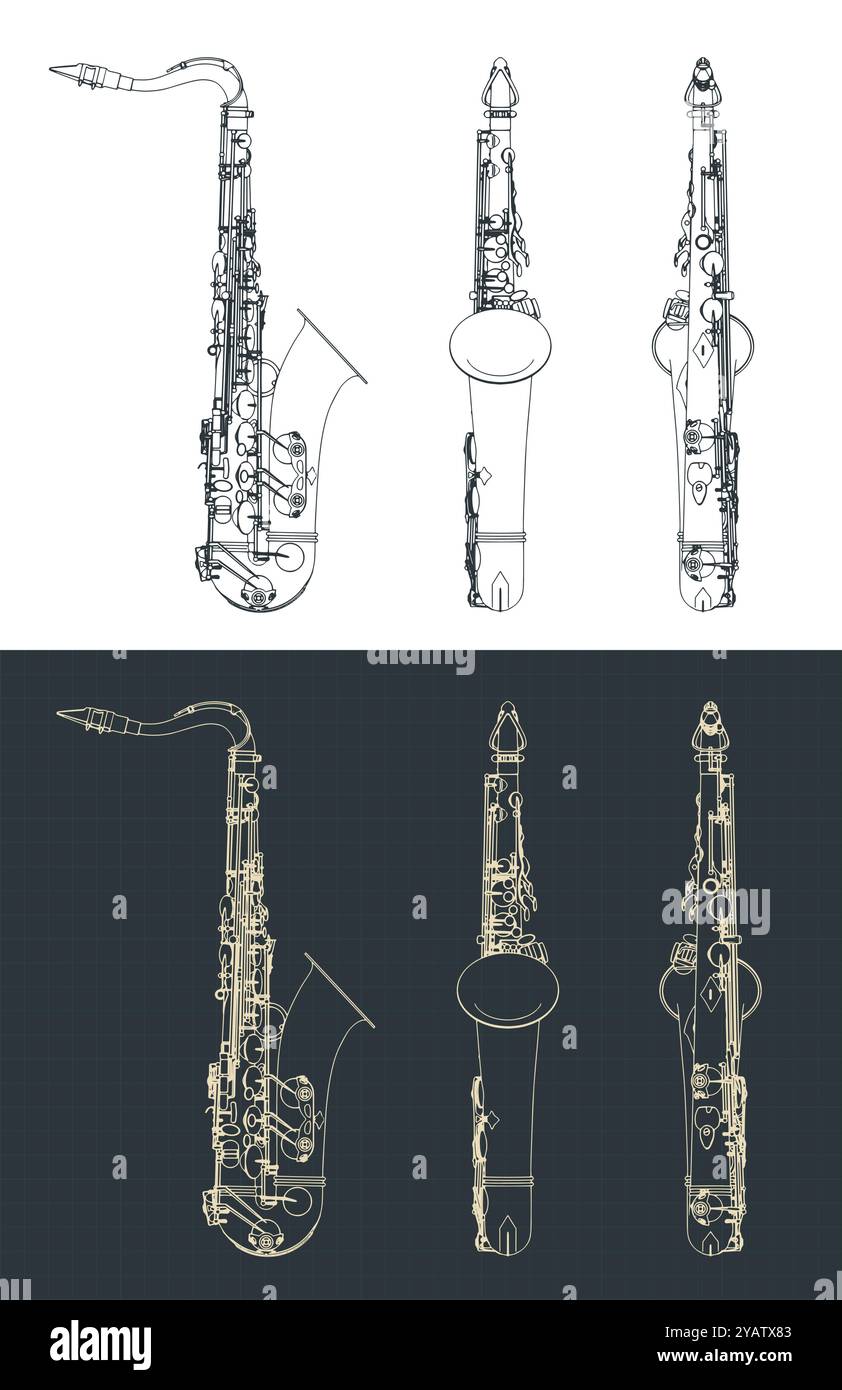 Stylized vector illustration of blueprints of a tenor saxophone Stock ...