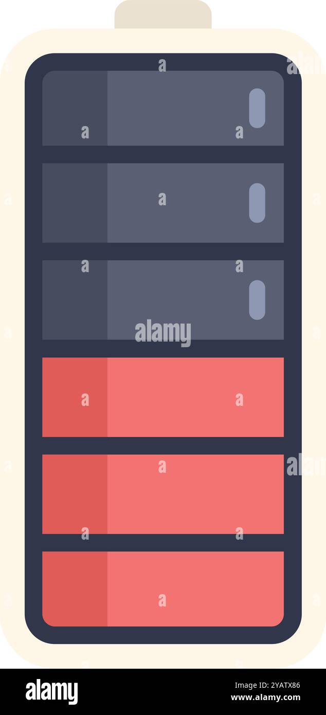 Simple vector illustration of a battery icon showing a low charge level ...