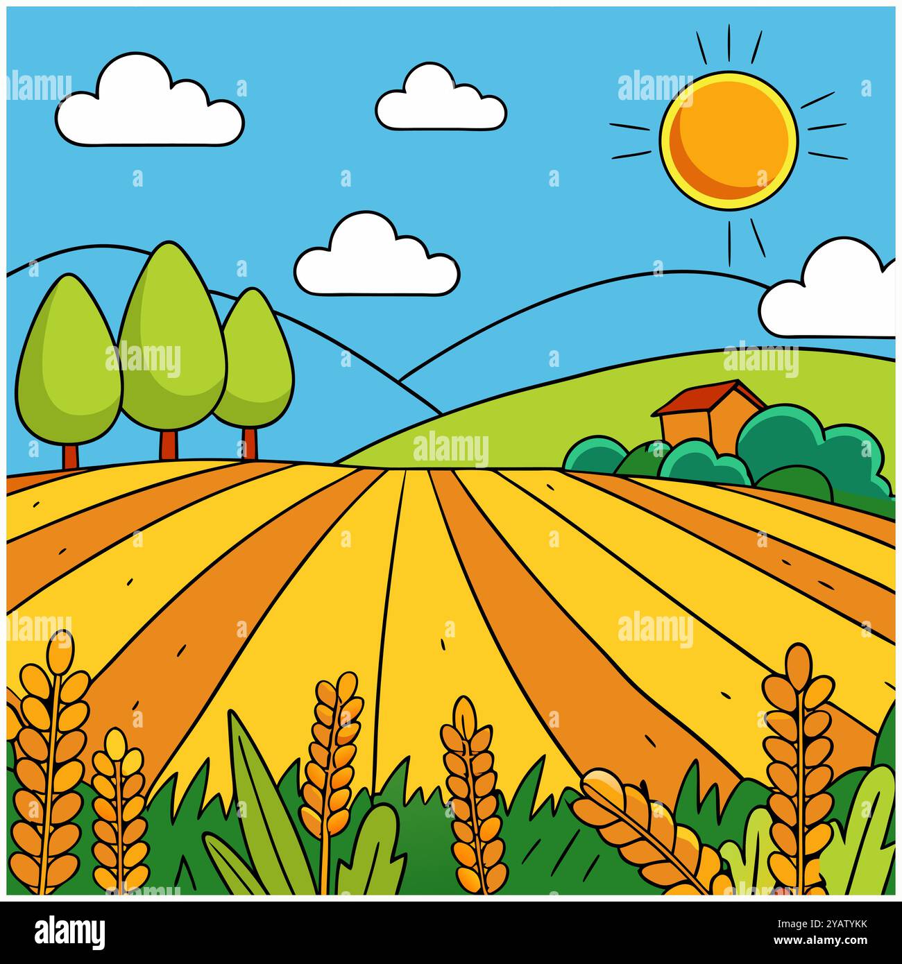 Colorful Cartoon Landscape of Wheat Field and Sunshine Stock Vector ...