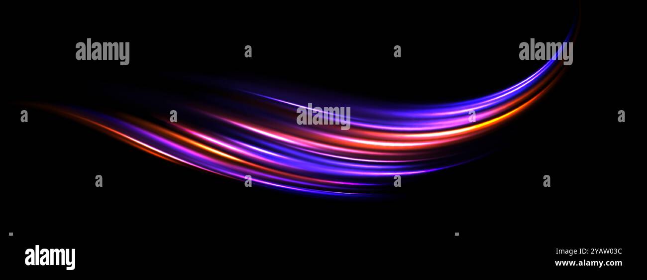 Glowing neon light splash background. Orange pink purple speed line ...