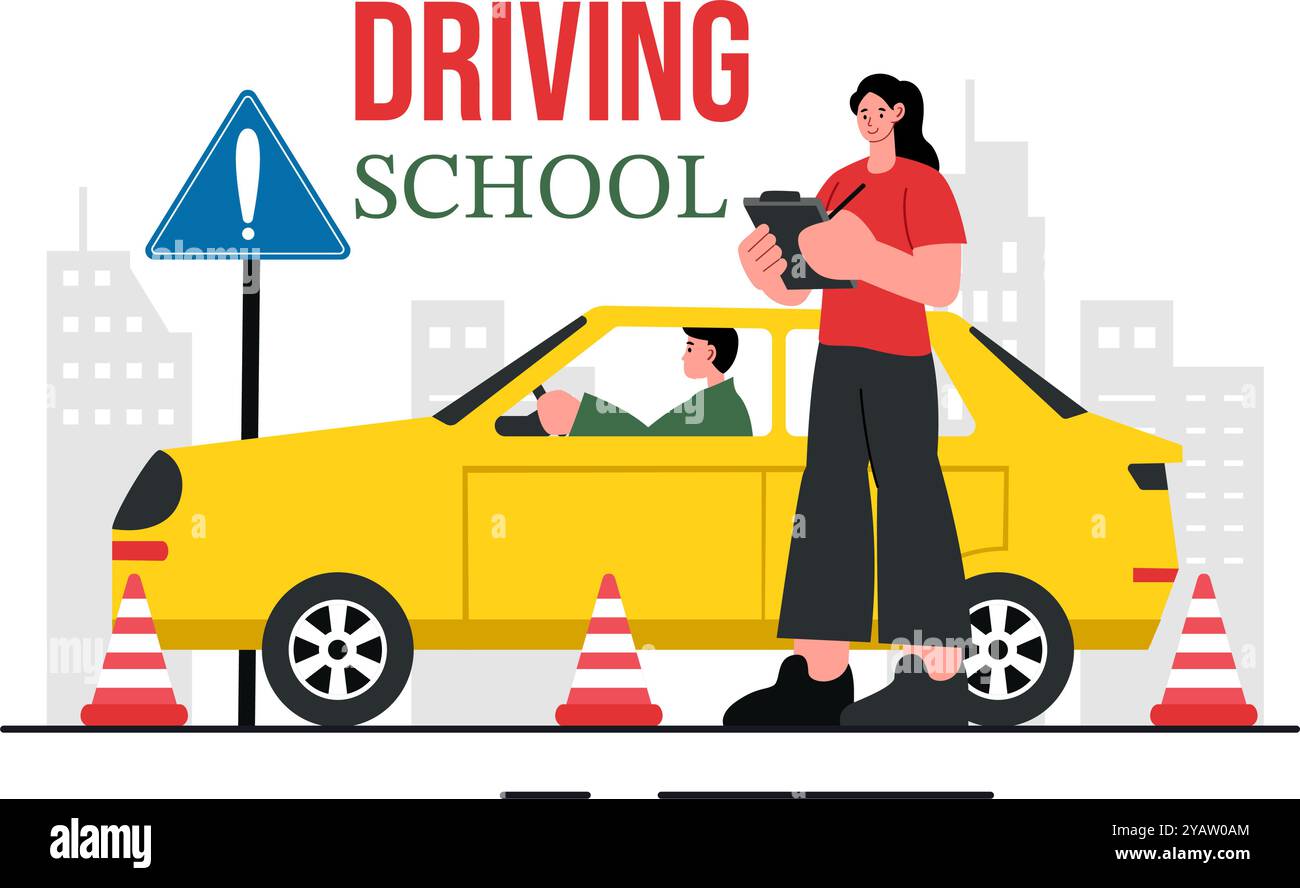 Driving School Vector Illustration Featuring the Educational Process of ...