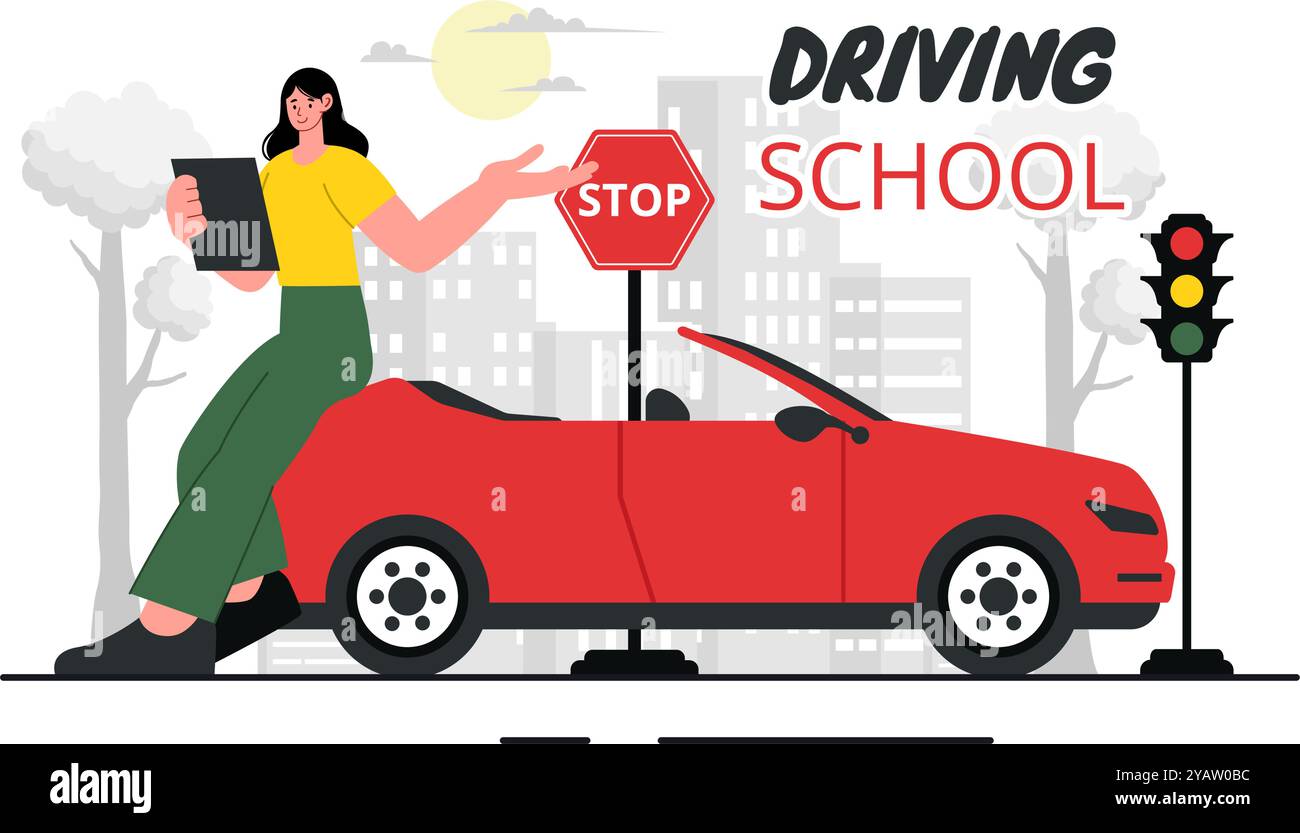 Driving School Vector Illustration Featuring the Educational Process of ...