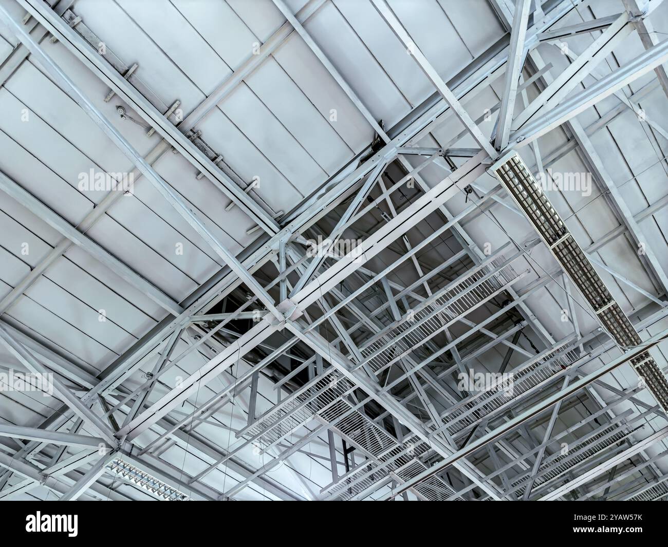 industrial building. structure of ceiling with steel beams. bottom view ...