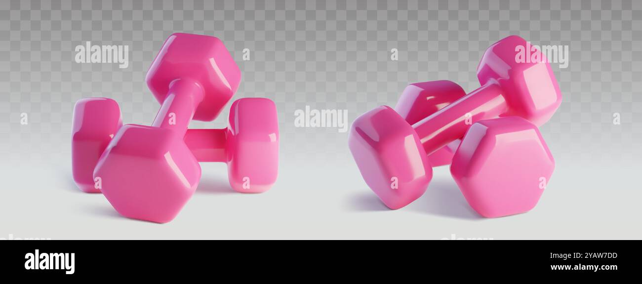 Pink dumbbells set isolated on transparent background. Vector realistic illustration of gym ...
