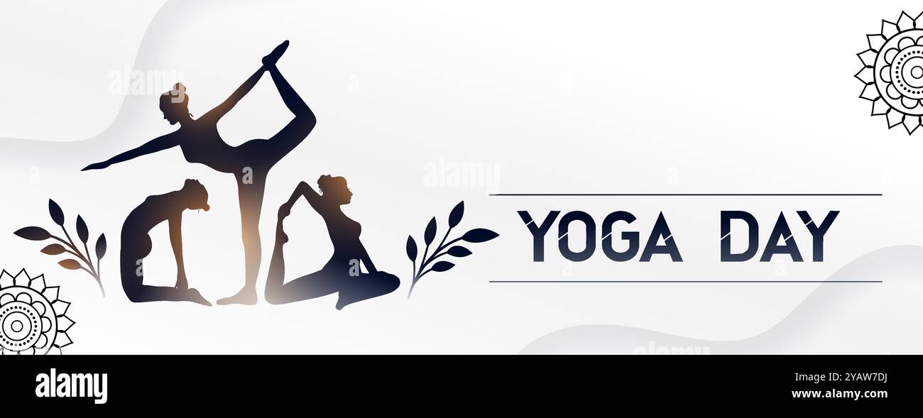international yoga day white banner woman doing asana with leaves ...