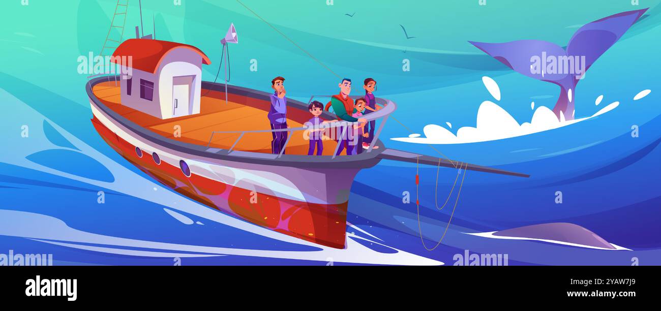Whale tail and fish boat in sea cartoon background. Children on fisher ...