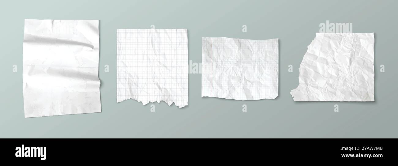 Torn notebook paper with wrinkles. Crumpled white sheet with checkered ...