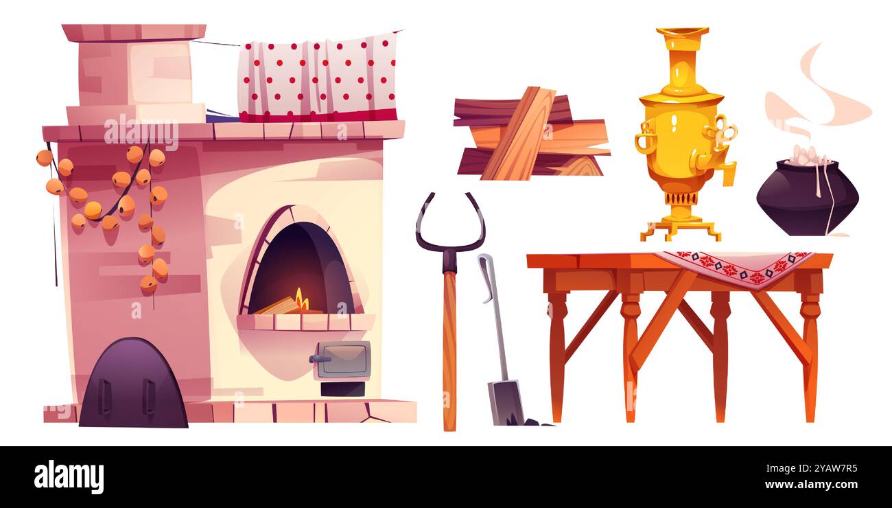 Old russian kitchen inside interior. Farm house for village. Wooden ...