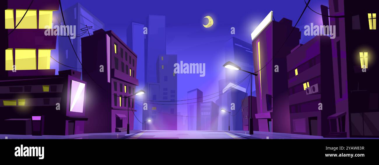 Night city road front view. Town building on street illustration. Urban ...