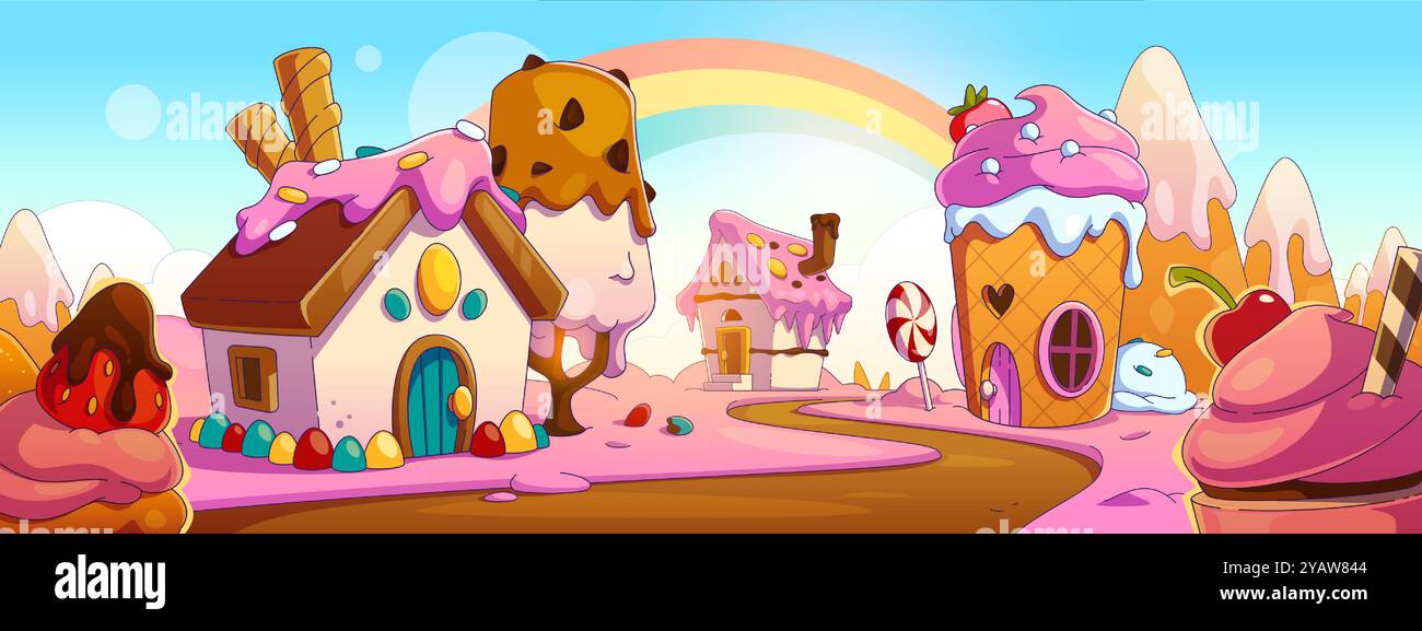 Sweet candy land background. Fantasy game cartoon landscape. Chocolate ...