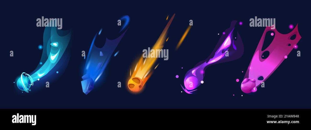 Space comets set isolated on black background. Vector cartoon ...