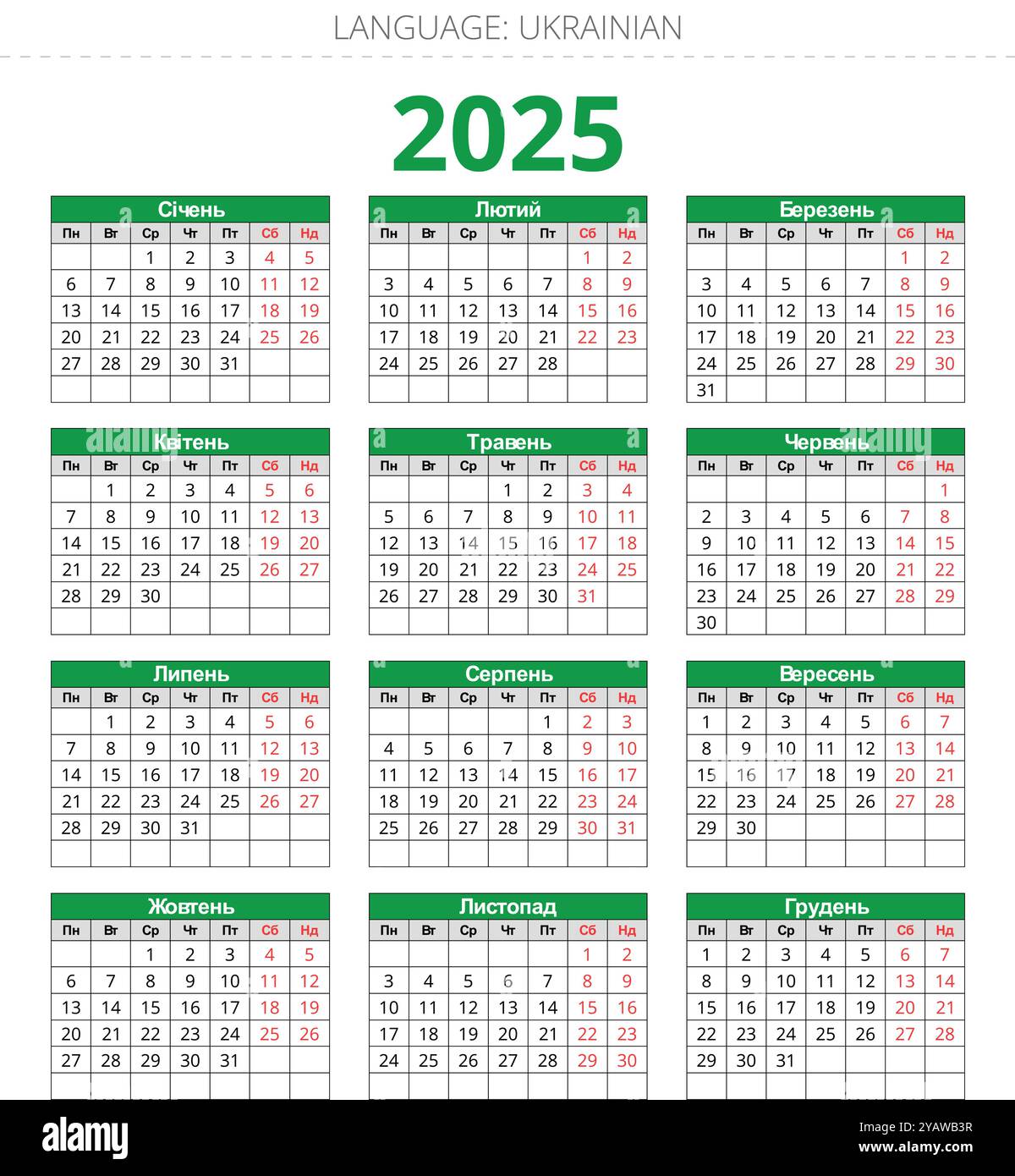 2025 year ukrainian annual calendar for Ukraine. Vector template ...