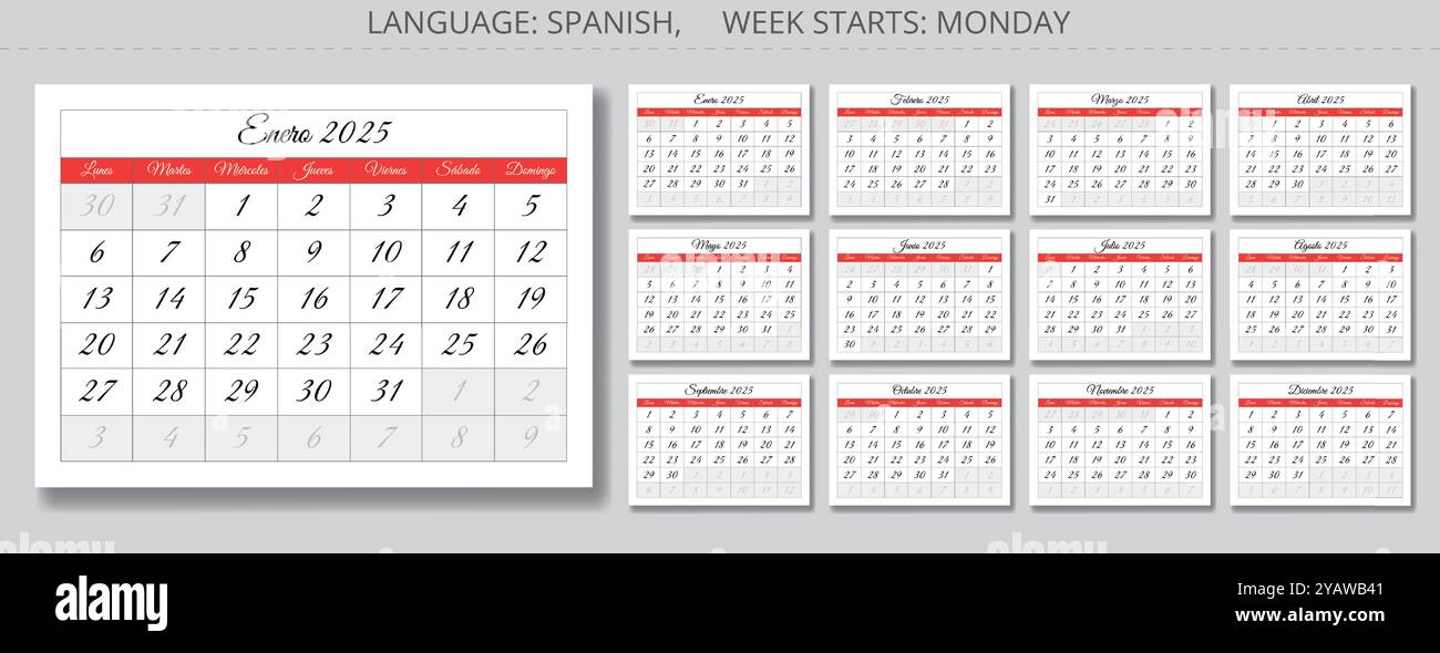 2025 Spanish calendar. A collection of paper page vector illustrations ...