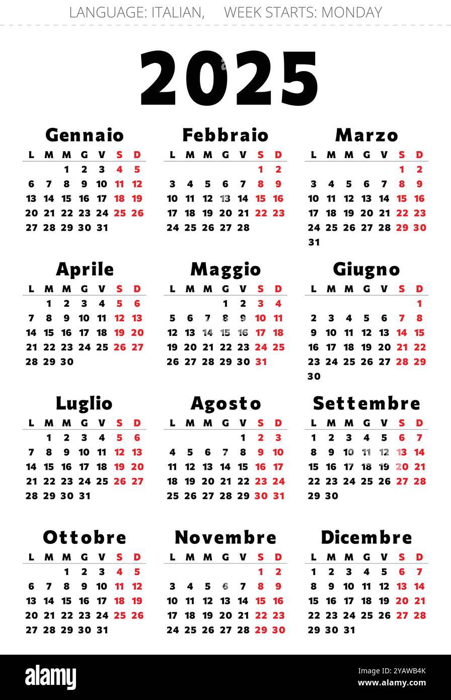 2025 year calendar. Italian language. With 12 months. Printable vector ...