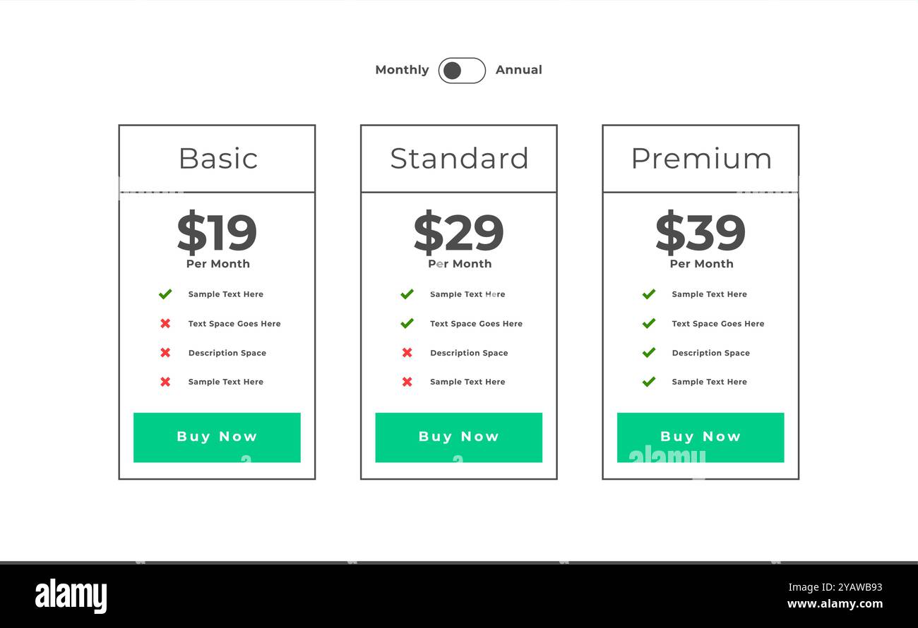 three column pricing table template for web tariff or menu vector Stock ...